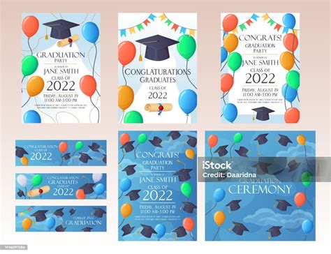졸업 파티 초대장 카드와 배너 세트 2022 재미있는 카드 풍선이 달린 하늘 개념에 대한 스톡 벡터 아트 및 기타 이미지