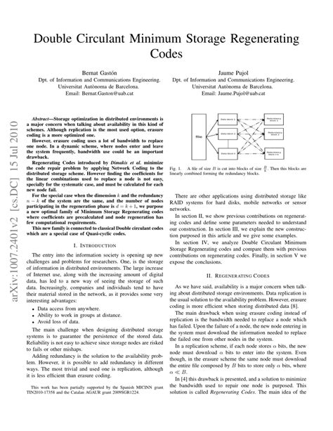 Pdf Double Circulant Minimum Storage Regenerating Codes