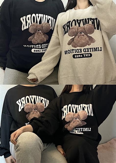 최저 할인 기모퀄리티최고 남녀공용 곰돌이 맨투맨 커플룩 시밀러룩 프린팅 맨투맨 에이블리