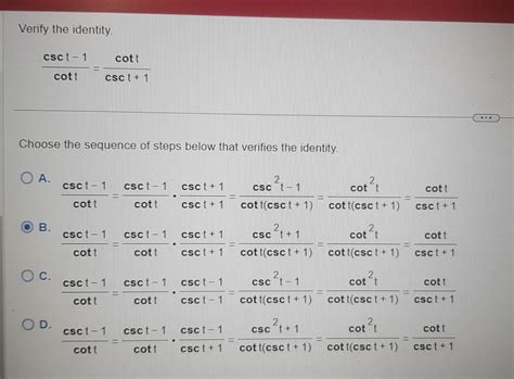 Solved Verify The Identity Cottcsct−1 Csct 1cott Choose The