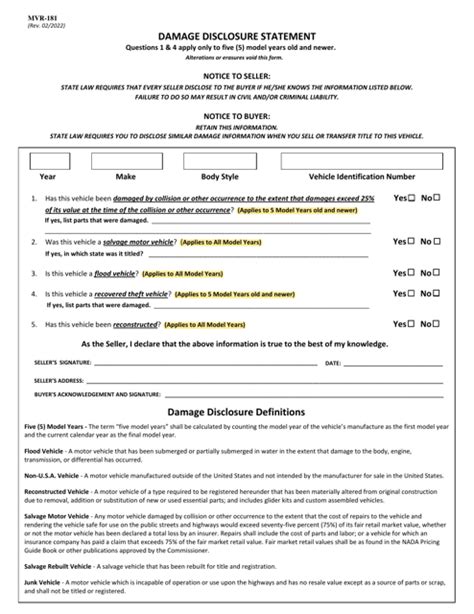 Form Mvr 181 Download Fillable Pdf Or Fill Online Damage Disclosure