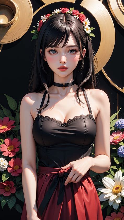 花丛中黑色吊带的可爱女孩 Stable Diffusion绘画作品欣赏