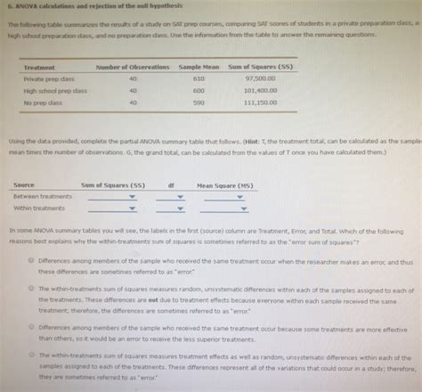 Solved 6 ANOVA Calculations And Rejection Of The Null Chegg Com
