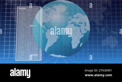 Animation Of Globe Clouds And Binary Data Over Grid And Map Of World Global Communication