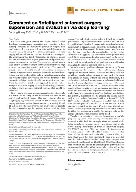 PDF Comment On Intelligent Cataract Surgery Supervision And Evaluation Via Deep Learning