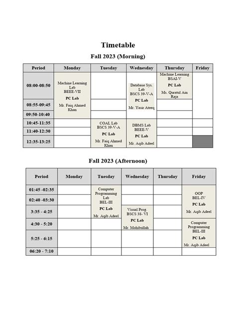 timetable pc lab pdf