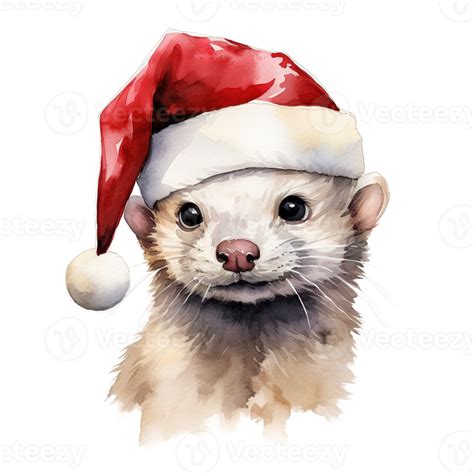 AI Generated White Weasel Wearing Santa Hat For Christmas Event
