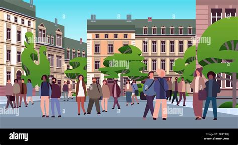 Multiethnic People Group Walking Outdoor Mix Race Men Women Citizens