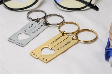 Custom Engraved Heart Couple Keychain Set Wedding Date Etsy