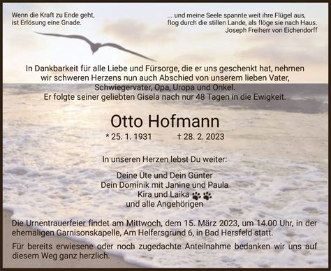 Traueranzeigen Von Otto Hofmann Trauerhersfelder Zeitungde