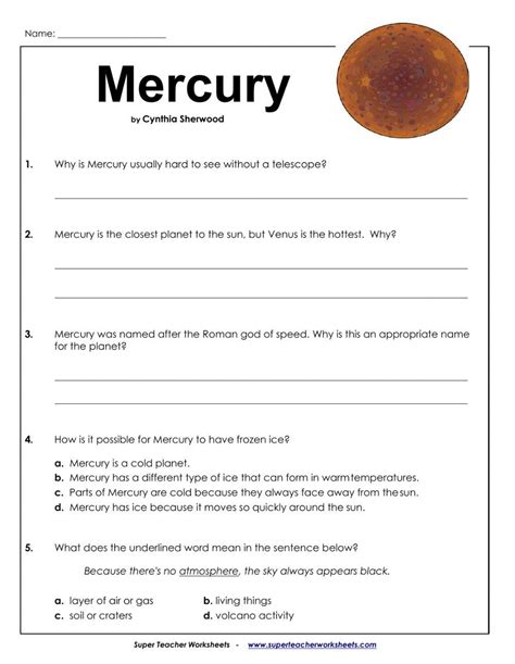 Mercury Article And Questions Worksheet Live Worksheets Worksheets