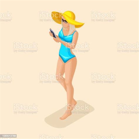 트렌디한 아이소메트릭 사람들 벡터 3d 여자 갈색 머리 밝은 수영복과 스마트폰 인터넷 벡터 일러스트 레이 션과 아름 다운 모자
