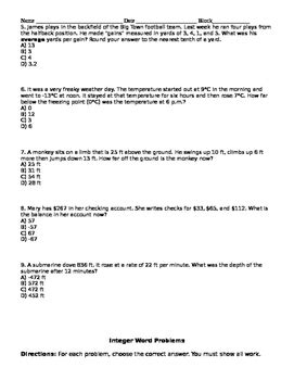 Leveled Integer Word Problems By American Pi Teachers Pay Teachers