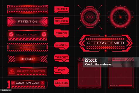 경고 주의 및 경고 빨간색 기호 집합입니다 Hud 주의 및 위험 프레임 시스템 손상 오류에 대한 경고 상자가 있는 게임 Ui 빨강에 대한 스톡 벡터 아트 및 기타 이미지