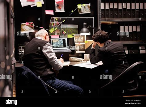 Police Officer Analyzing Federal Documents With Woman Inspector Discussing Crime Scene Evidence