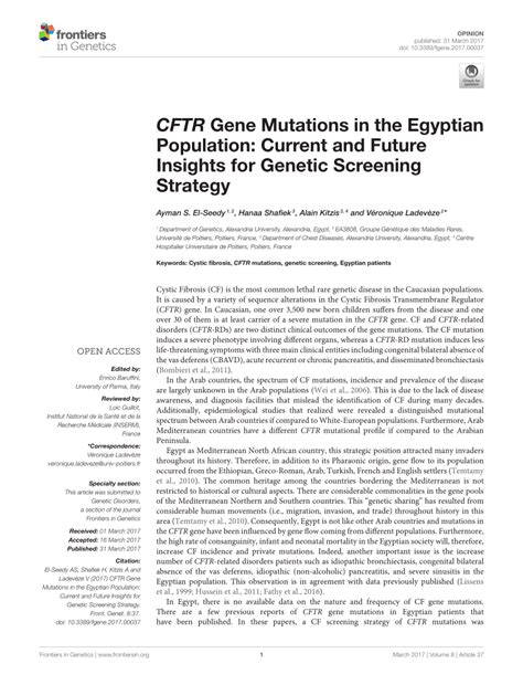 Pdf Cftr Gene Mutations In The Egyptian Population Current And Future Insights For Genetic