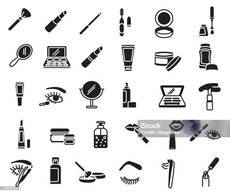 화장품 및 뷰티 아이콘 세트 메이크업 및 스킨케어를 위한 30개의 솔리드 블랙 벡터 기호 아이콘에 대한 스톡 벡터 아트 및 기타 이미지 아이콘 립스틱 화장용 브러시