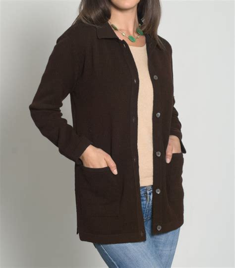 Brown Womens Wool Collar Cardigan Ladies Lambswool Long Wool Overs