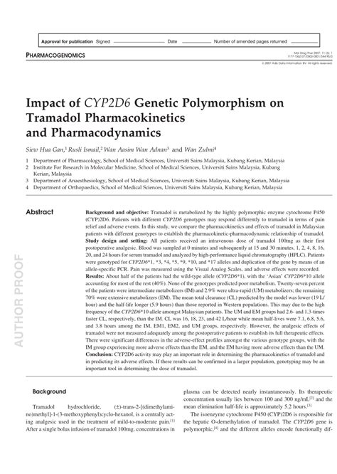 Pdf Impact Of Cyp2d6 Genetic Polymorphism On Tramadol