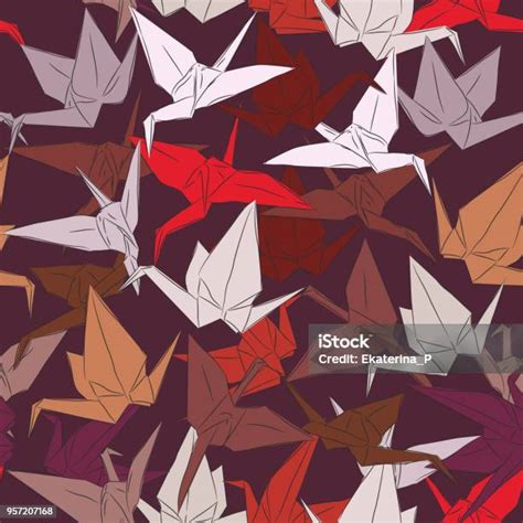 일본 종이 접기 종이 크레인 상징 행복 행운과 장 수 완벽 한 패턴을 스케치 보라색 오렌지 레드 화이트 핑크 갈색 배경입니다