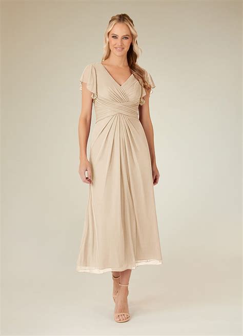 Champagne Azazie Vera Robe A ligne Col V plissé Longueur midi Engrener Azazie