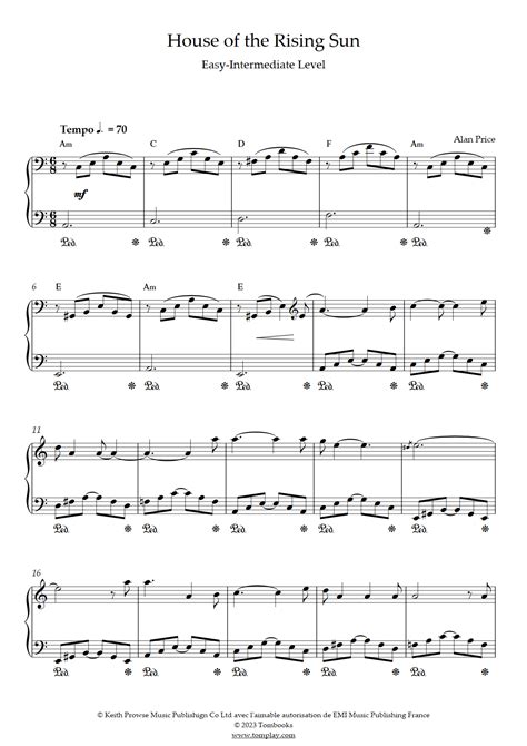 The House Of The Rising Sun Easyintermediate Level Solo Piano The