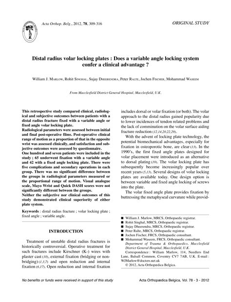 Pdf Distal Radius Volar Locking Plates Does A Variable Angle Locking System Confer A