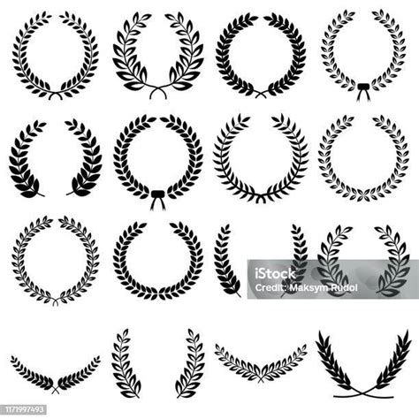 상 업적 전령 귀족을 묘사 하는 다른 흑백 실루엣 원형 월계수 Foliate 올리브 밀과 오크 화환의 컬렉션입니다 흰색 배경에서