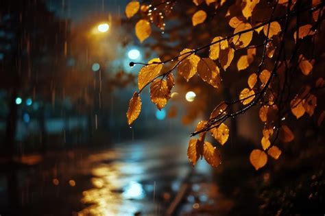 Wet Golden Leaves Hanging From Tree Branch On A Rainy Autumn Night