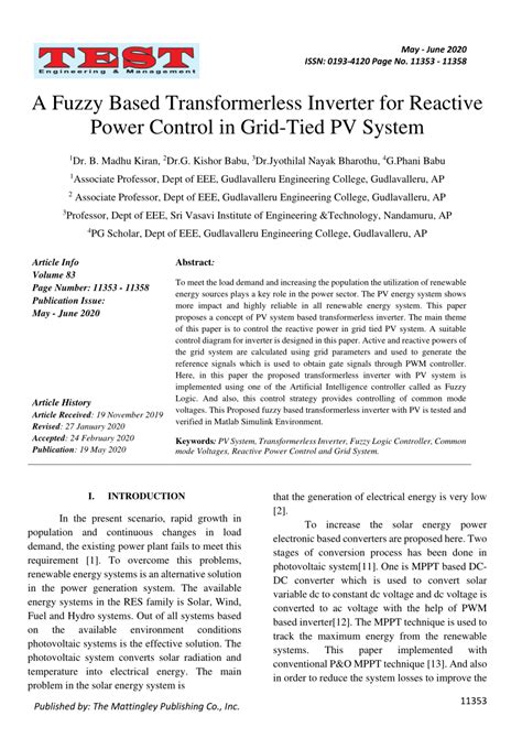 Pdf A Fuzzy Based Transformerless Inverter For Reactive Power Control