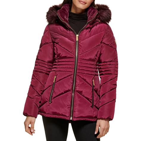 Guess Faux Fur Trim And Lined Hooded Puffer Jacket In Red Lyst