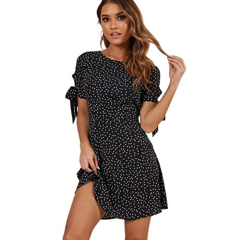 Women Summer Dress Dot Print Short Sleeve Ruffles A Line Lace Up Casual