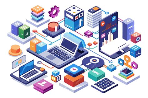 isometric illustration of data processing with connected devices and network for data