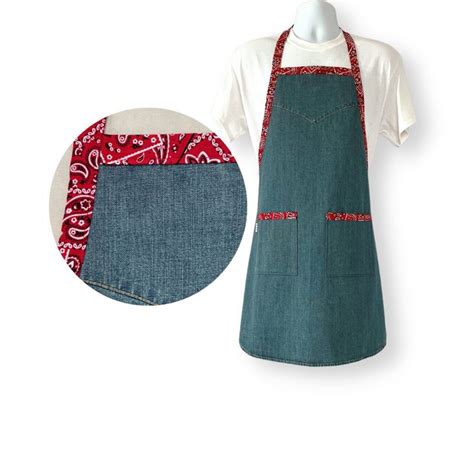 Denim Apron With Red Bandana Trim For Adults Apron From Upcycled Shirt