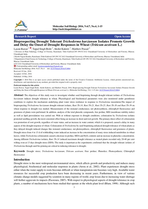 Pdf Bioprospecting Drought Tolerant Trichoderma Harzianum Isolates Promote Growth And Delay