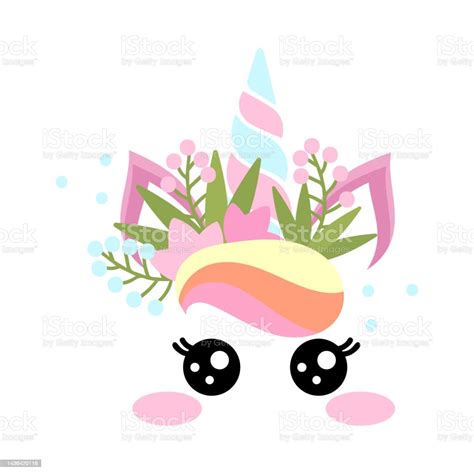Unicorn Face With Colorful Hair And Plants Cartoon Illustration Stock