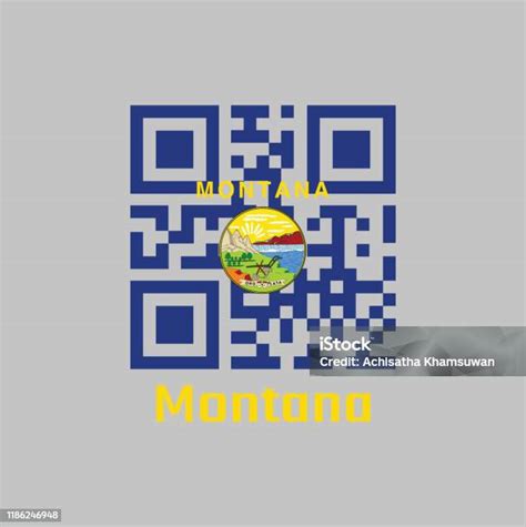 Qr 코드는 몬태나 플래그의 색상을 설정합니다 미국의 상태 푸른 들판에 있는 몬태나의 인장 텍스트 몬태나를 인감 위에 0명에