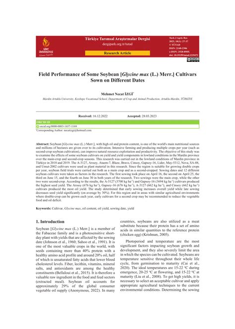 Pdf The Field Performance Of Some Soybean Cultivars Glycine Max L Merrill Cultivated As A