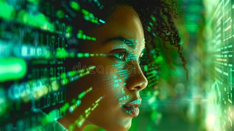 Woman Gazing Into Digital Data Stream Technology And Connection Concept Modern Imagery For