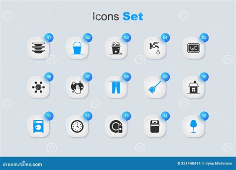 Set Trash Can Sponge Bucket Washer Wine Glass House Washing Dishes And Drying Clothes Icon