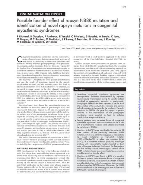 Pdf Possible Founder Effect Of Rapsyn N88k Mutation And Identification Of Novel Rapsyn