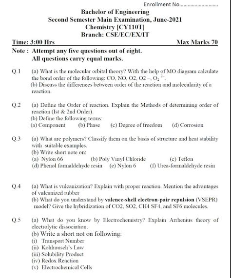 Dr A P J Abdul Kalam University BE II SEM CSE EC EX IT Chemistry CY T June Question