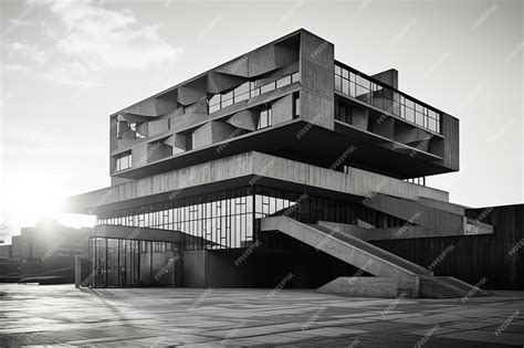 Premium Photo Low Angle Greyscale Of A Building With Modern Brutalist Architecture Under The