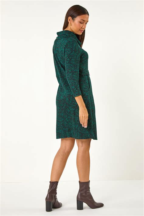 Green Abstract Print Cowl Neck Tab Detail Dress Roman UK