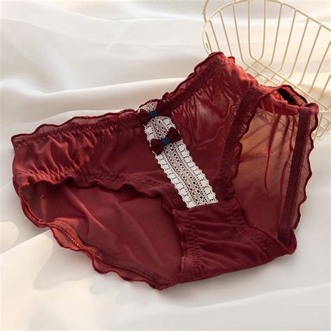 Wine Red Lace Panties Women Bowknot Middle Waist Woman Underwear Mesh