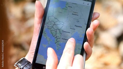 Smart Screen Navigation Close Up GPS Girl Enjoys A Navigator On Your Gadget The Hand And