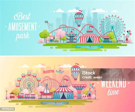 Carousels 롤러 코스터와 공기 풍선 놀이 공원 풍경 배너 Carnival에 대한 스톡 벡터 아트 및 기타 이미지 Carnival 관람차 롤러코스터 Istock