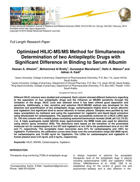 Pdf Optimized Hilic Msms Method For Simultaneous Determination Of Two Antiepileptic Drugs