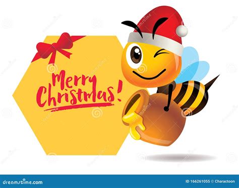 Merry Christmas Cartoon Cute Bee Carries Honey Pot With Big Merry