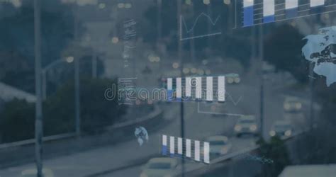 Animation Of Globes Graphs Computer Language Over High Angle View Of Moving Vehicles On Road